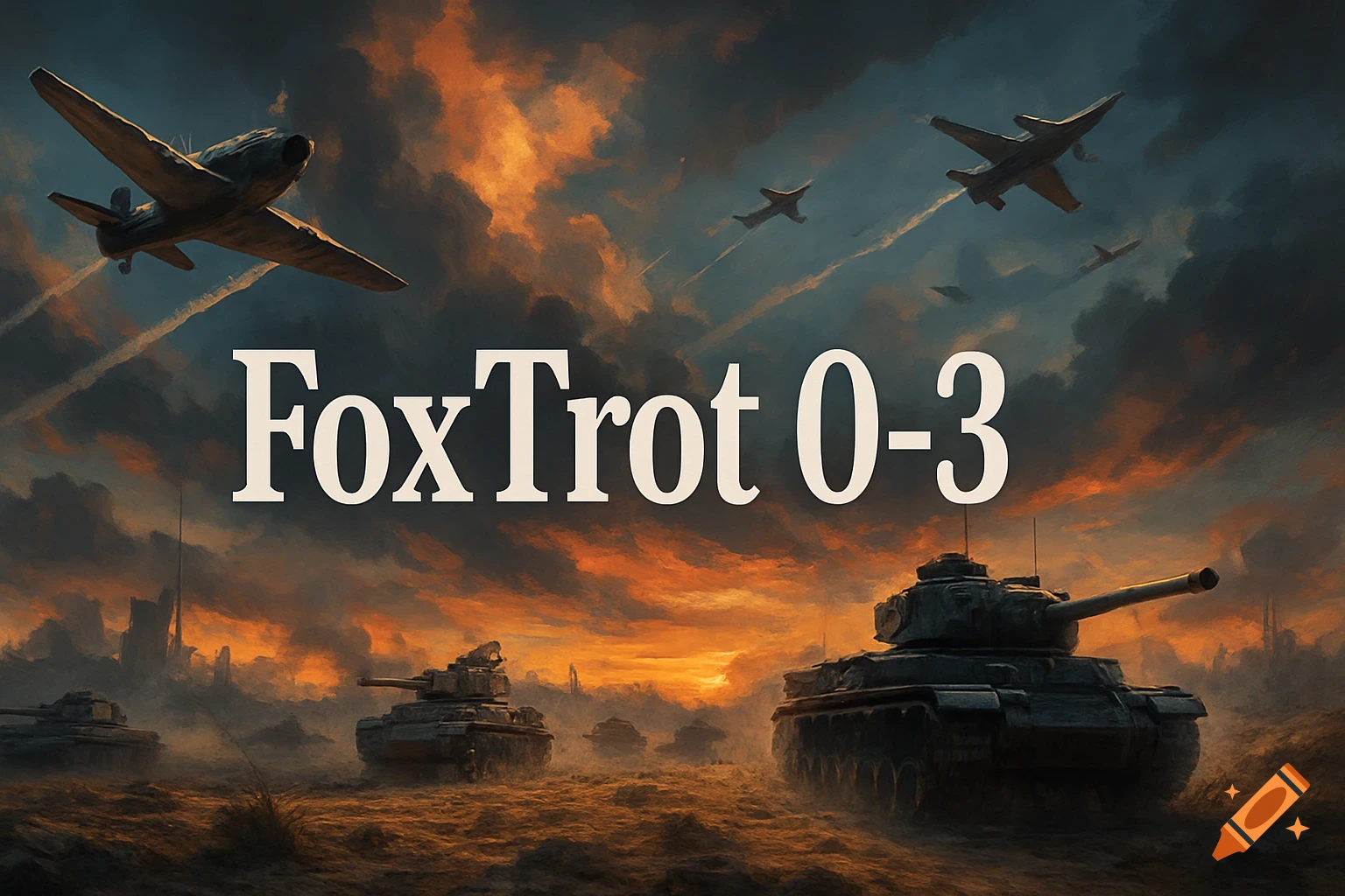 A stylized digital painting depicts military tanks on a battlefield and ...