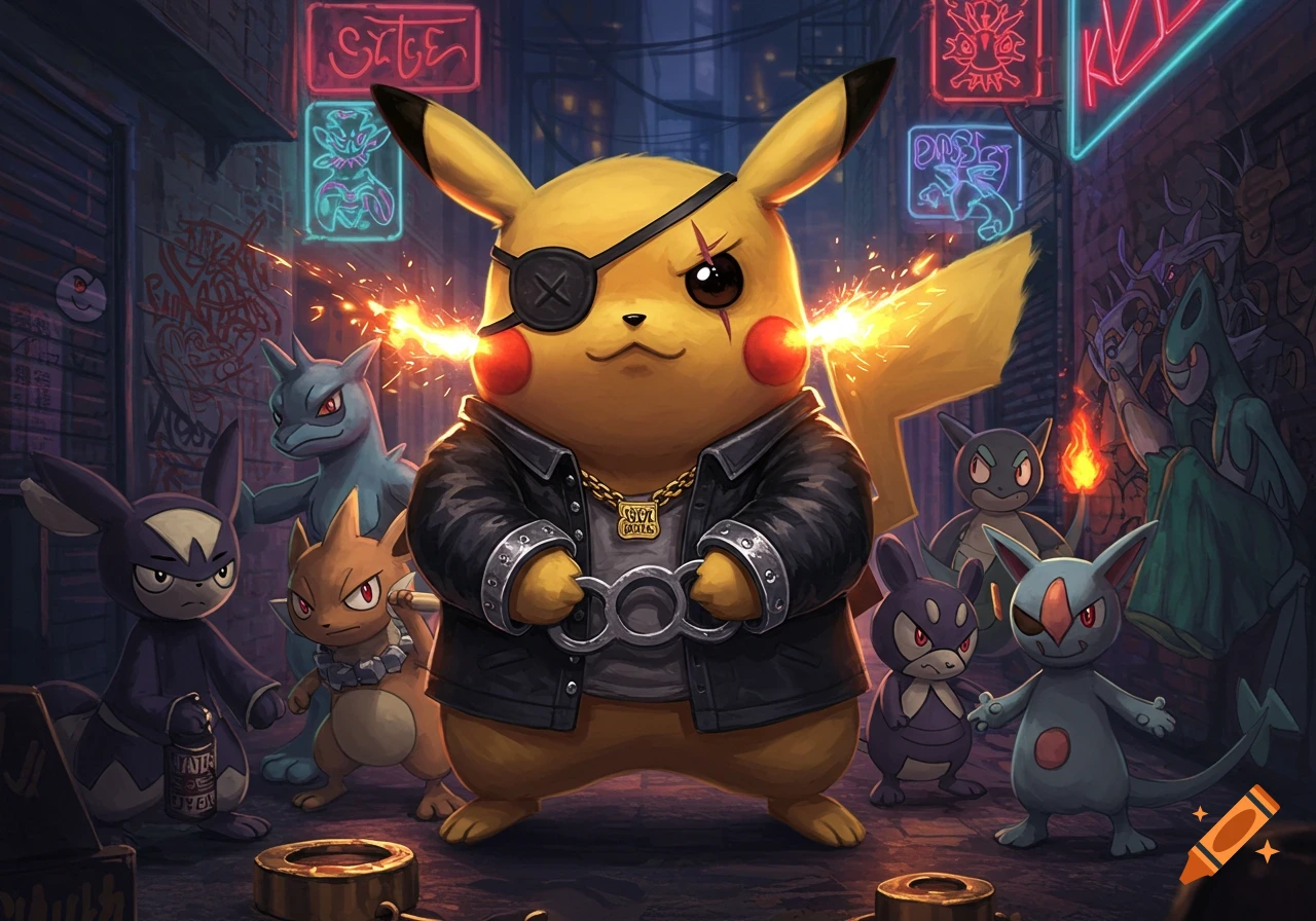 Cute yellow Pikachu with red cheeks smiles with lightning around it, standing against a vibrant ...