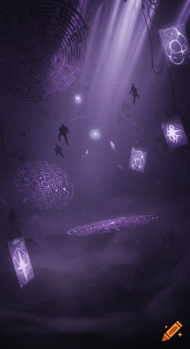 Surreal digital illustration of shadowy figures, floating mazes, and ...