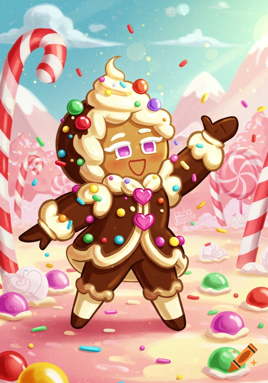 A colorful, cartoon-style gingerbread character with icing hair and a ...