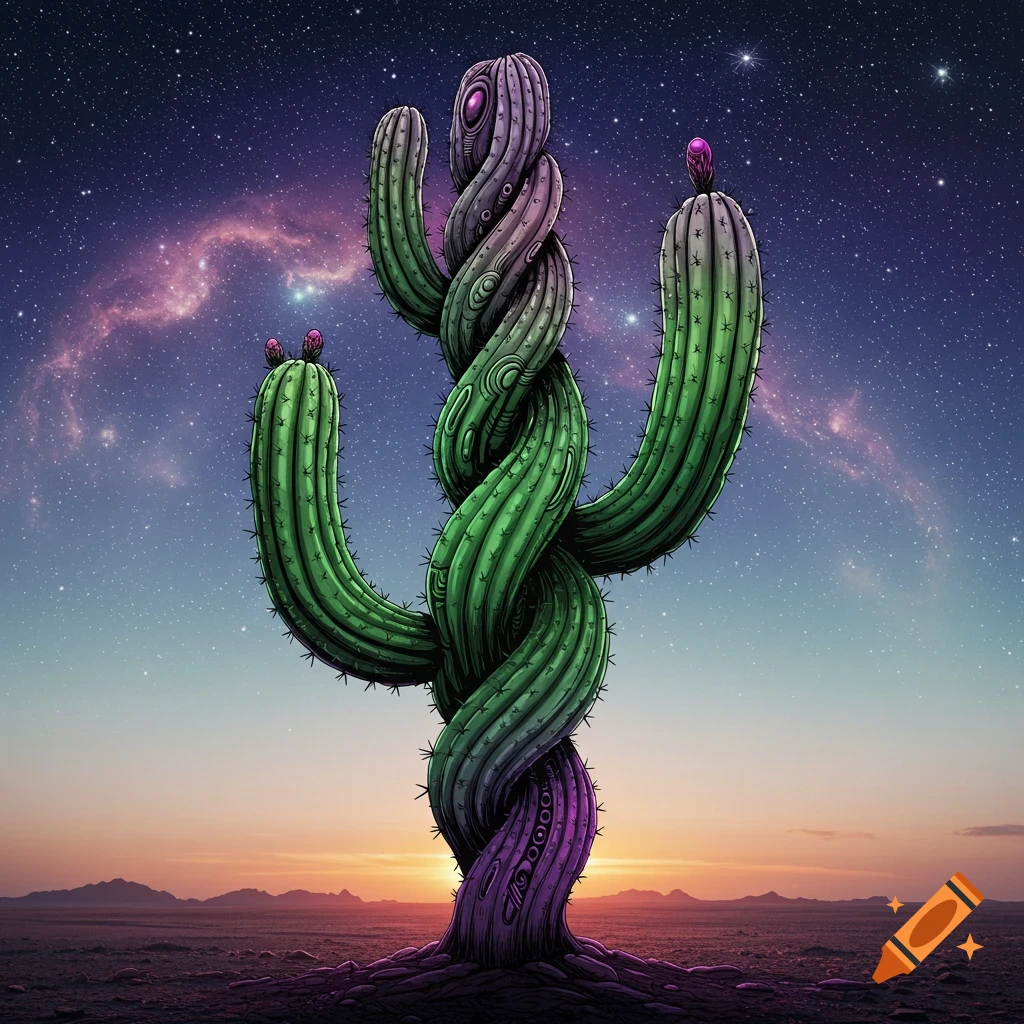 A stylized, mutated green and purple cactus with a twisted trunk stands ...