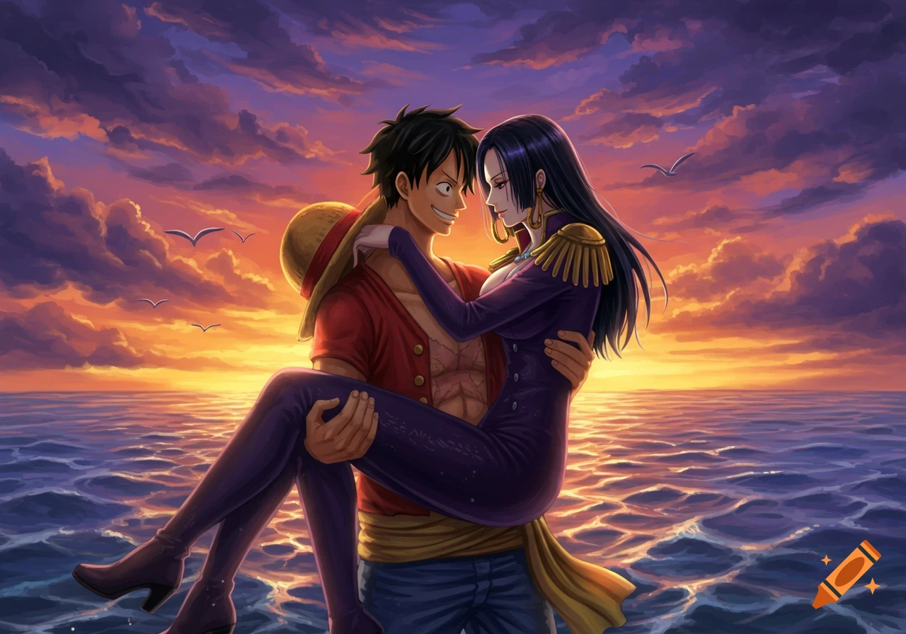 Luffy and Hancock share a kiss on a ship during a vibrant sunset over ...