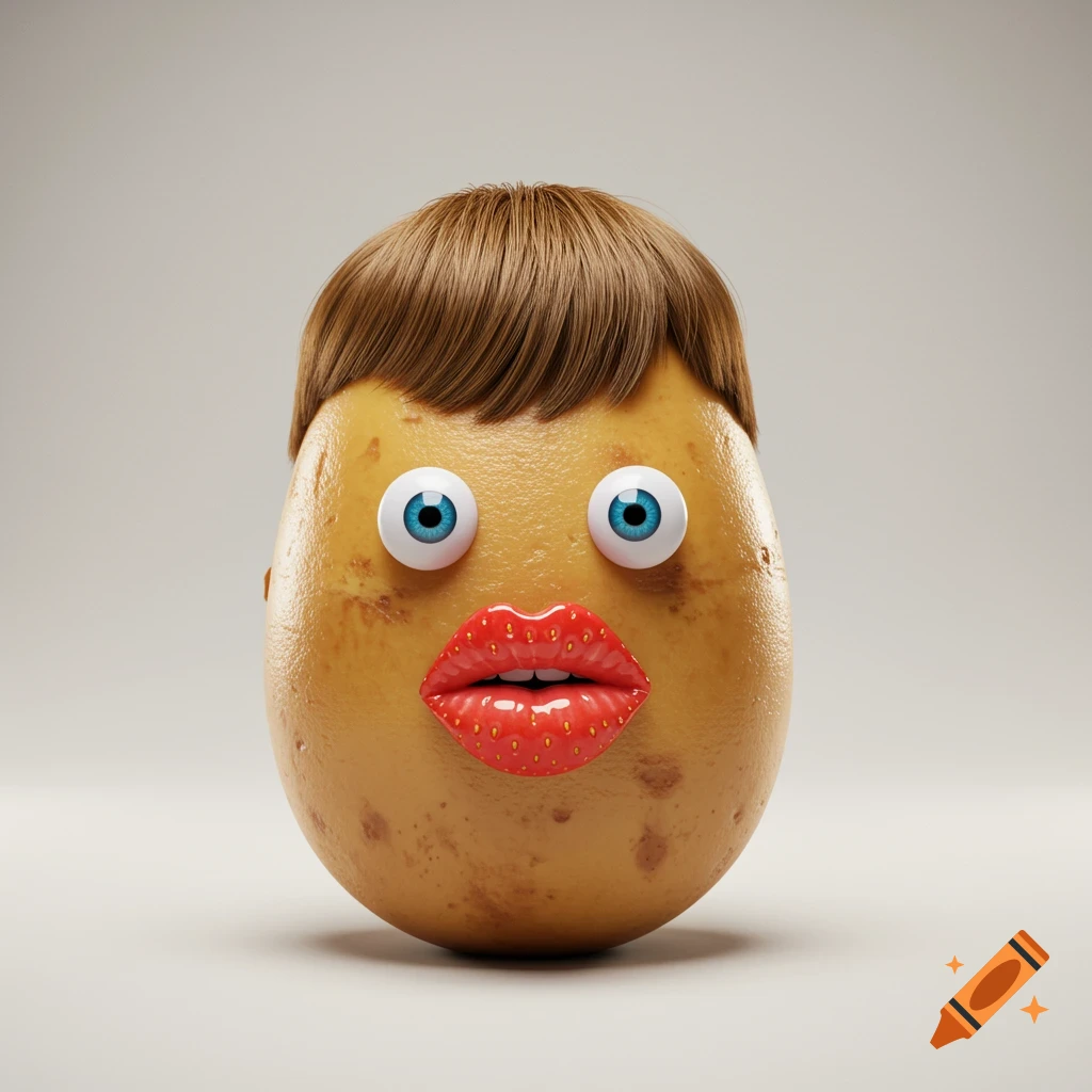 A potato character with blue eyes, brown hair, and red pouted lips ...