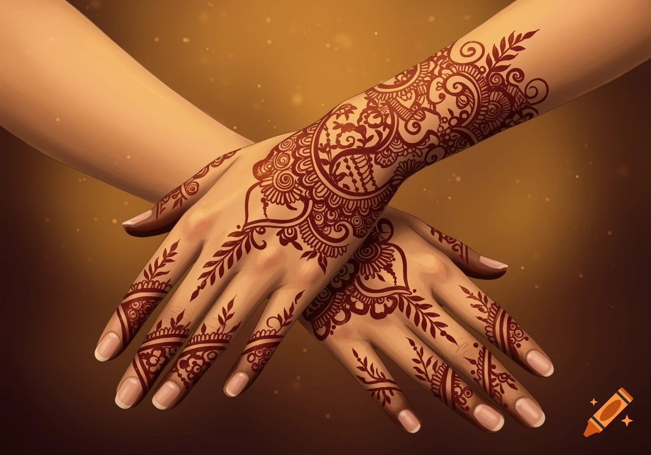 Close-up of two hands adorned with intricate traditional red henna ...