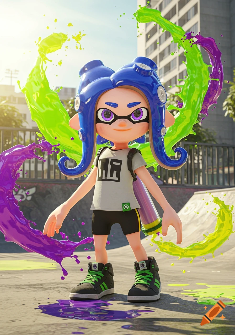 A vibrant Splatoon Inkling falls through a colorful vortex of ink and ...
