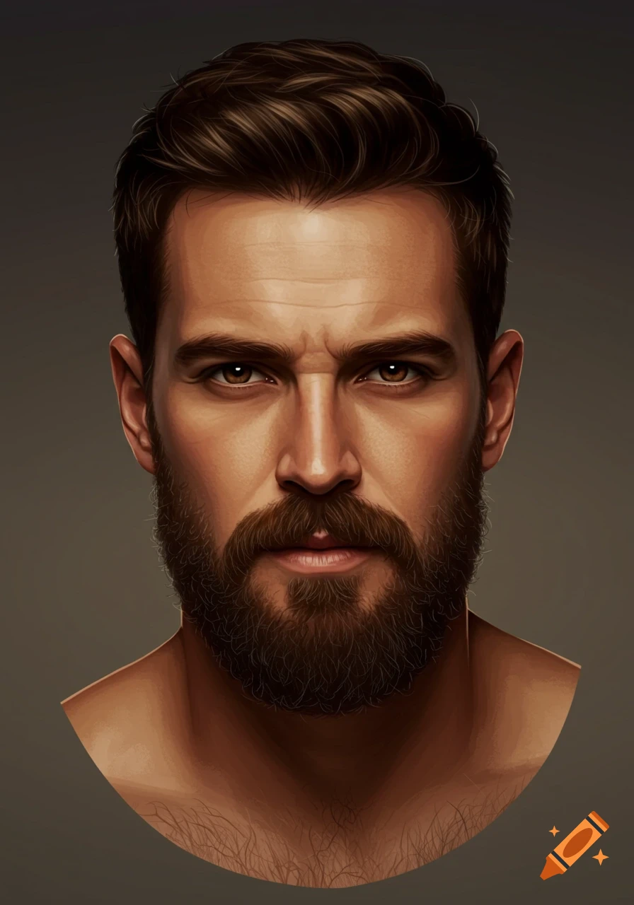 Close-up digital portrait of a man with messy brown hair, a heavy beard ...