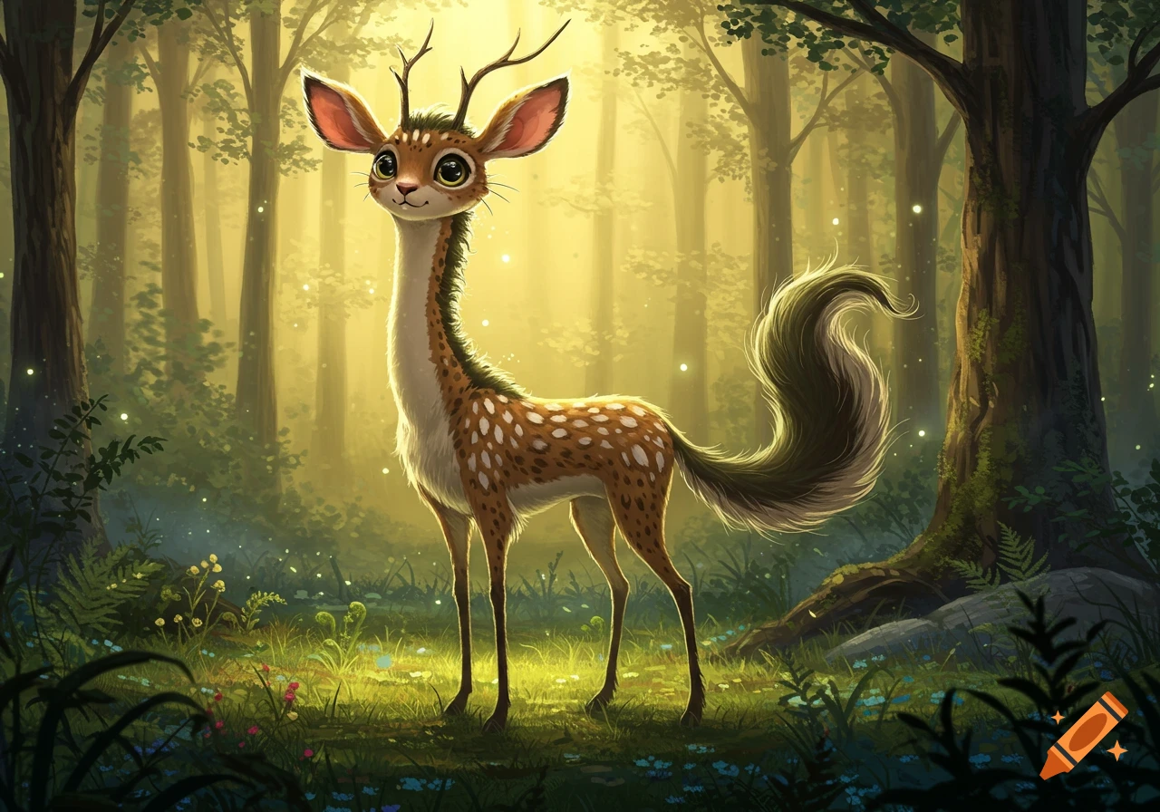 A whimsical, cartoonish creature with a long neck, big eyes, spots, and ...