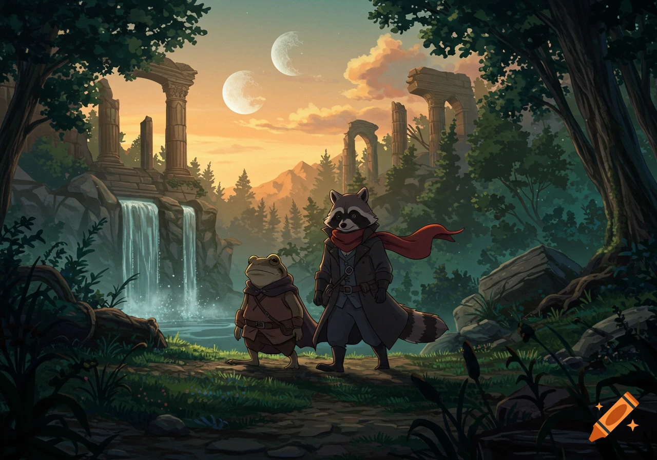 A frog musketeer and a rat bandit sword fighting on a wooden bridge in ...