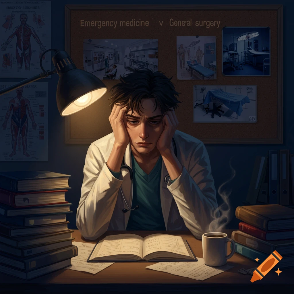 Tired male medical student in lab coat studying at night, head in hands ...