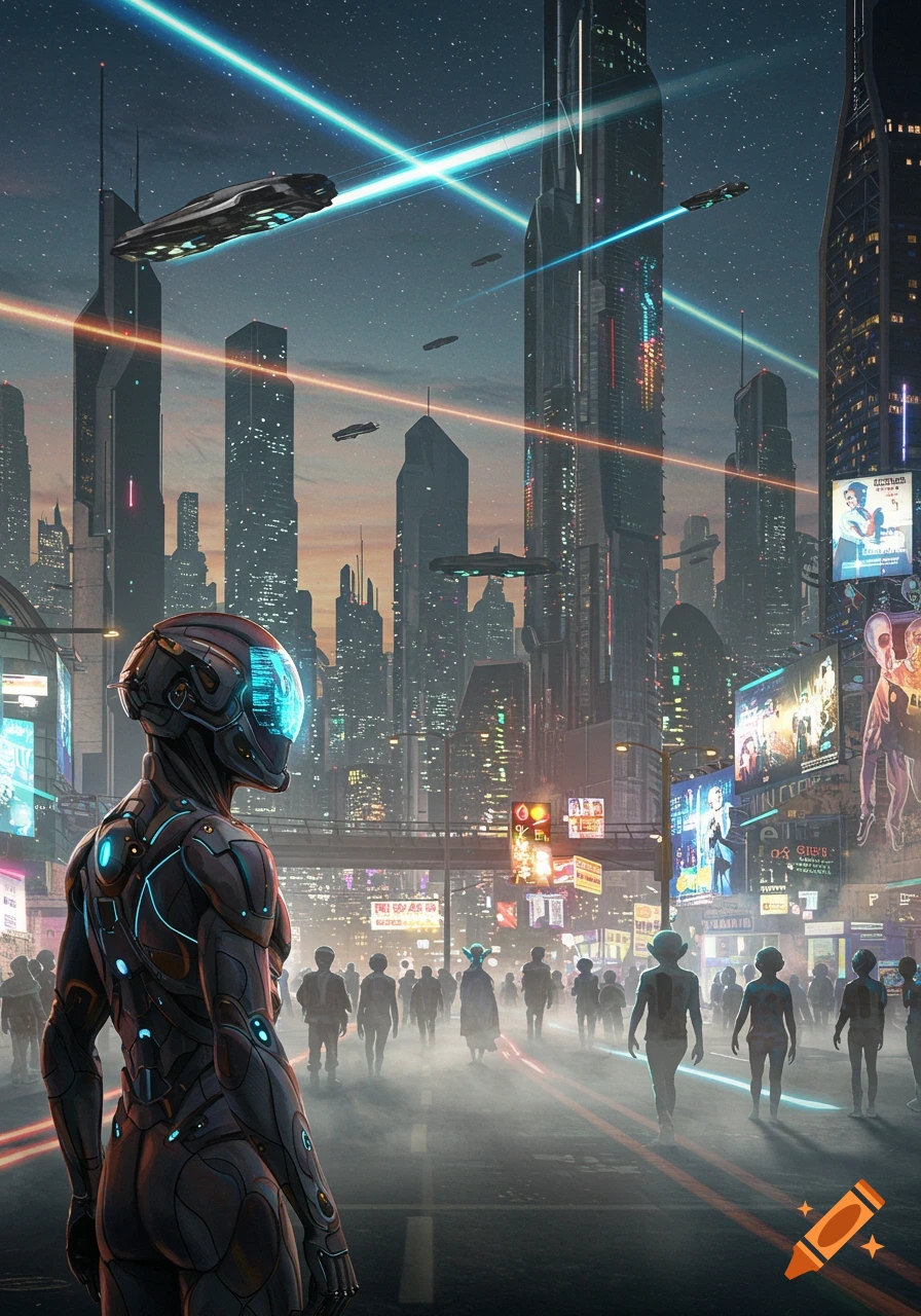 A futuristic soldier in glowing blue and black armor runs through a neon-lit cyberpunk city ...