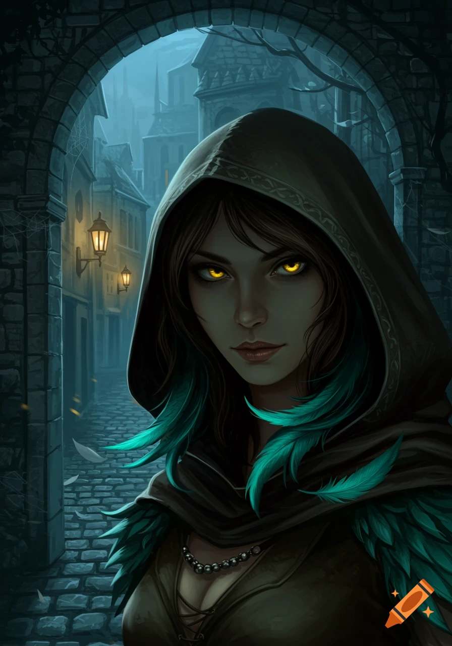 A dark digital painting of a female thief in a hooded cloak, with ...