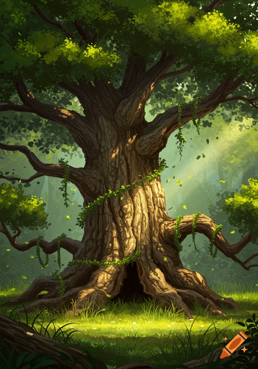 A vibrant, majestic old oak tree stands in a sunlit forest clearing ...