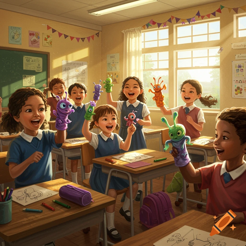 Illustrative scene of cheerful school children playing with colorful ...