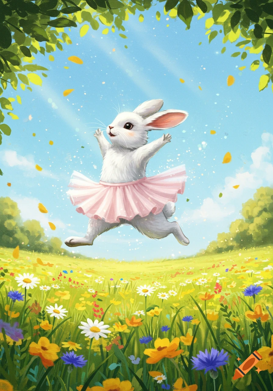 A whimsical illustration of a white rabbit in a pink tutu joyfully ...