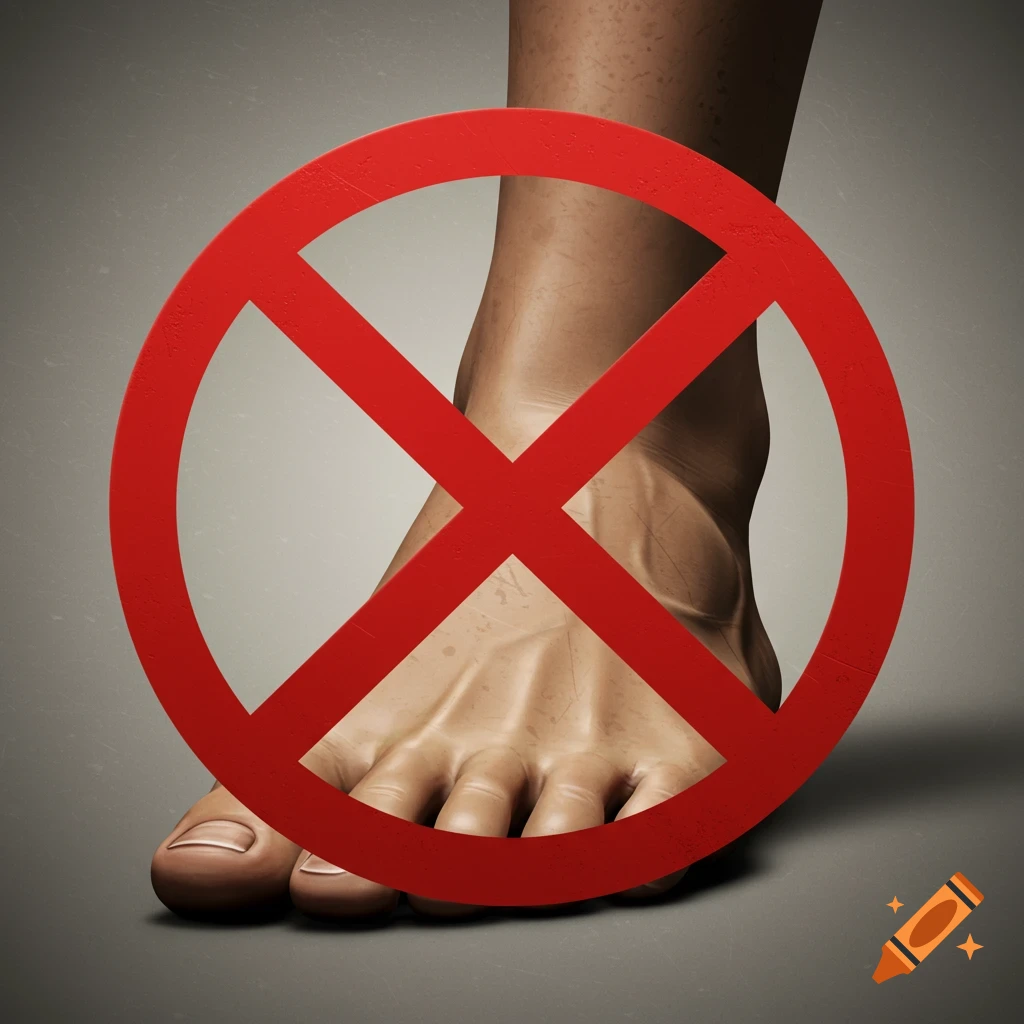 A human foot with a red prohibition sign over it on a grey background ...