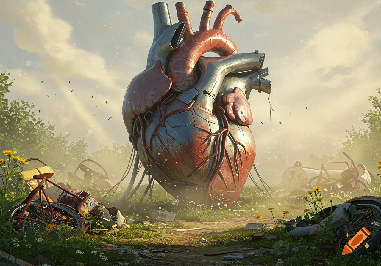 A massive, rusted mechanical heart stands in an overgrown junkyard ...
