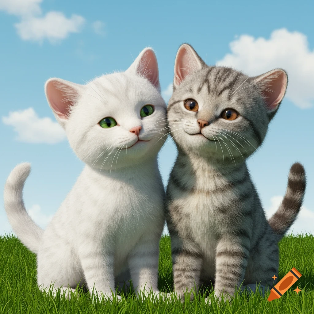Two realistic kittens, one white and one tabby, smile while sitting in ...