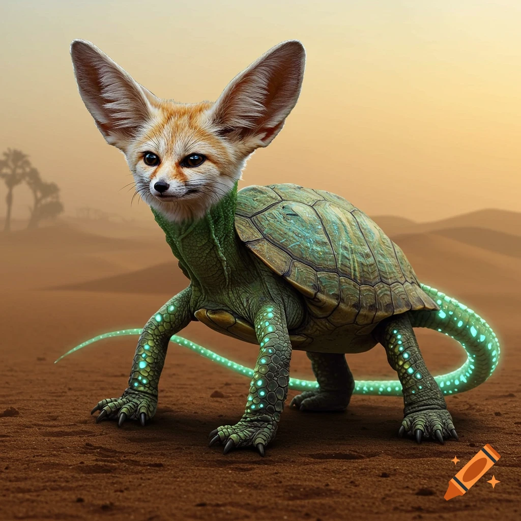 A hybrid creature with a fennec fox head and a turtle shell, featuring ...