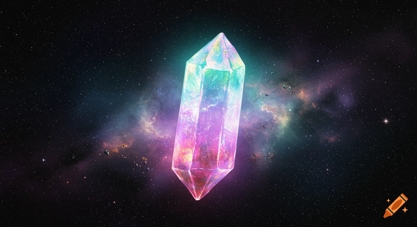 A glowing rainbow heart-shaped gem sits in the center of a dark cave ...