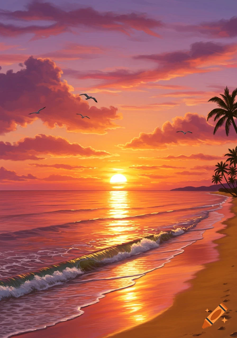 A vibrant tropical sunset over the ocean with palm tree silhouettes and ...