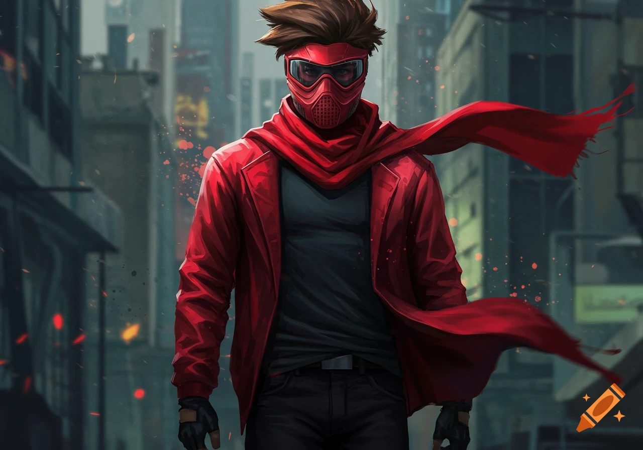 A man with fluffy brown hair wearing a red mask, red scarf, red jacket ...