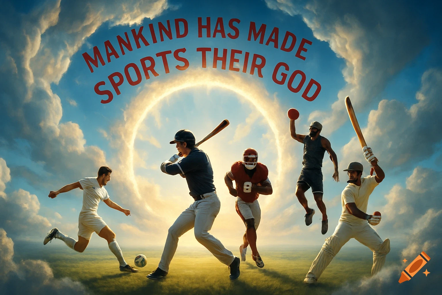 An epic, wide-angle view of various athletes including a soccer player ...