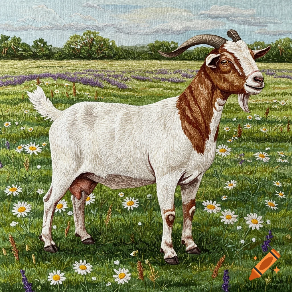 A machine embroidered boer goat stands in a field of daisies and purple ...