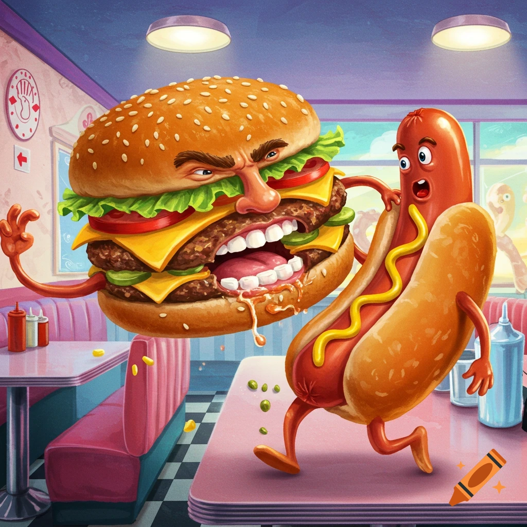 Four-panel comic of anthropomorphic hotdogs with surprised expressions ...