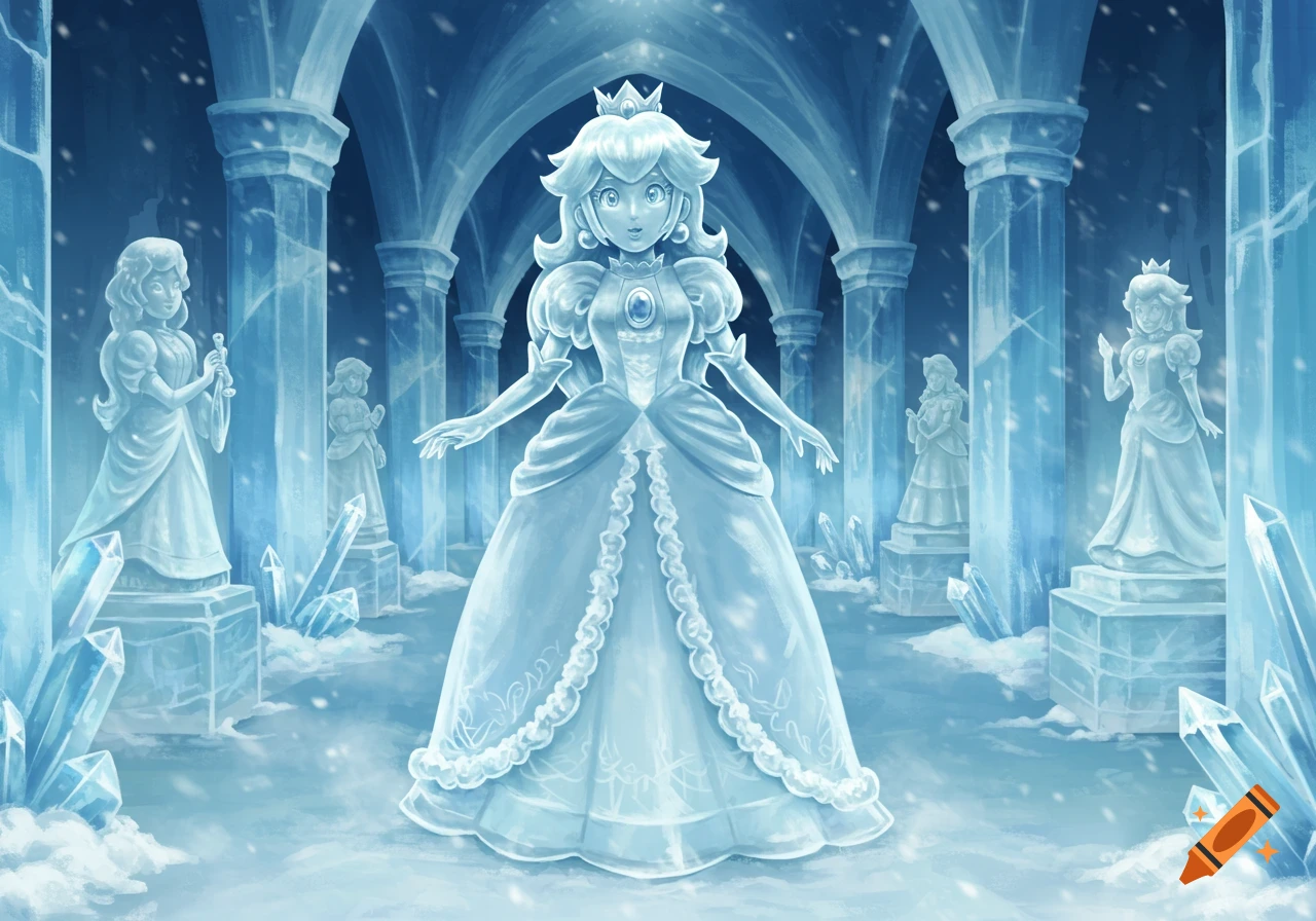 Princess Peach as an ice statue stands in a vast, blue ice palace ...