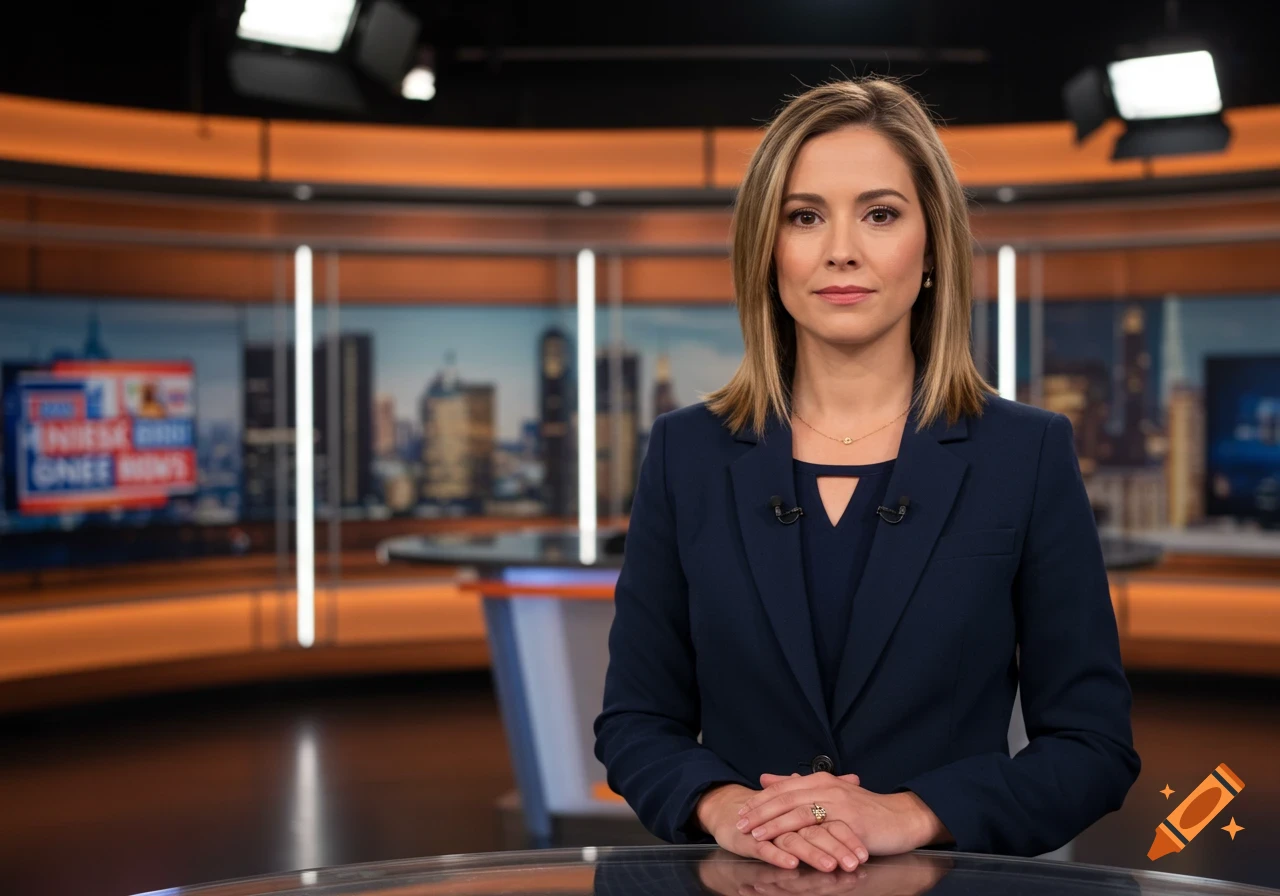 A female news reporter in a dark blue suit sits at a desk in a ...