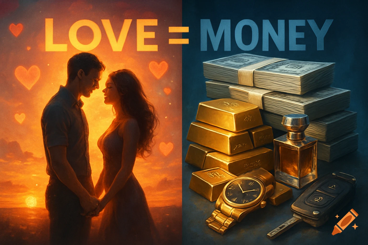 A conceptual split-screen image, with "LOVE" and a couple in a sunset ...