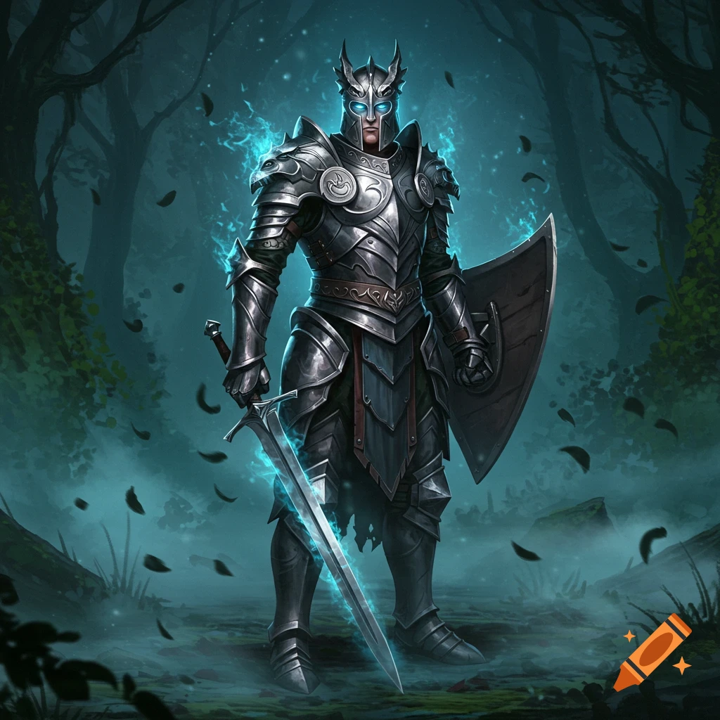 A fantasy guard captain in ornate silver armor and blue cape stands ...