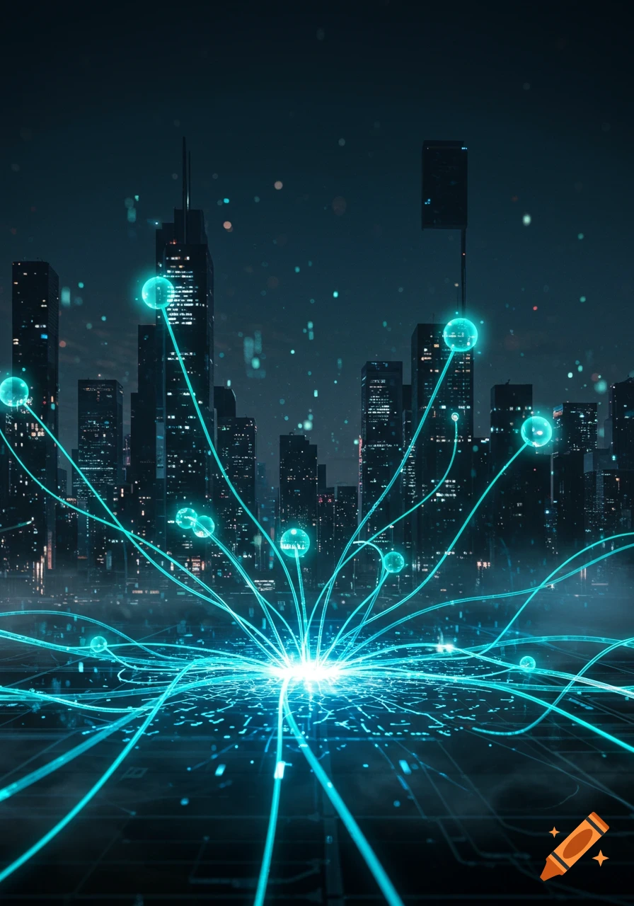 A futuristic cityscape at night with glowing blue lines and spheres ...