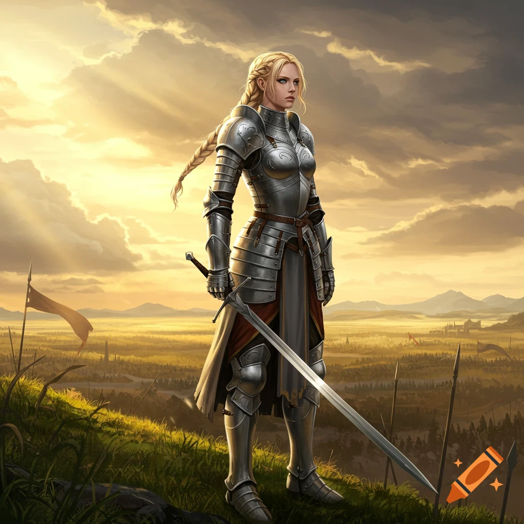 Blonde female knight in silver armor holding a large sword, standing on ...