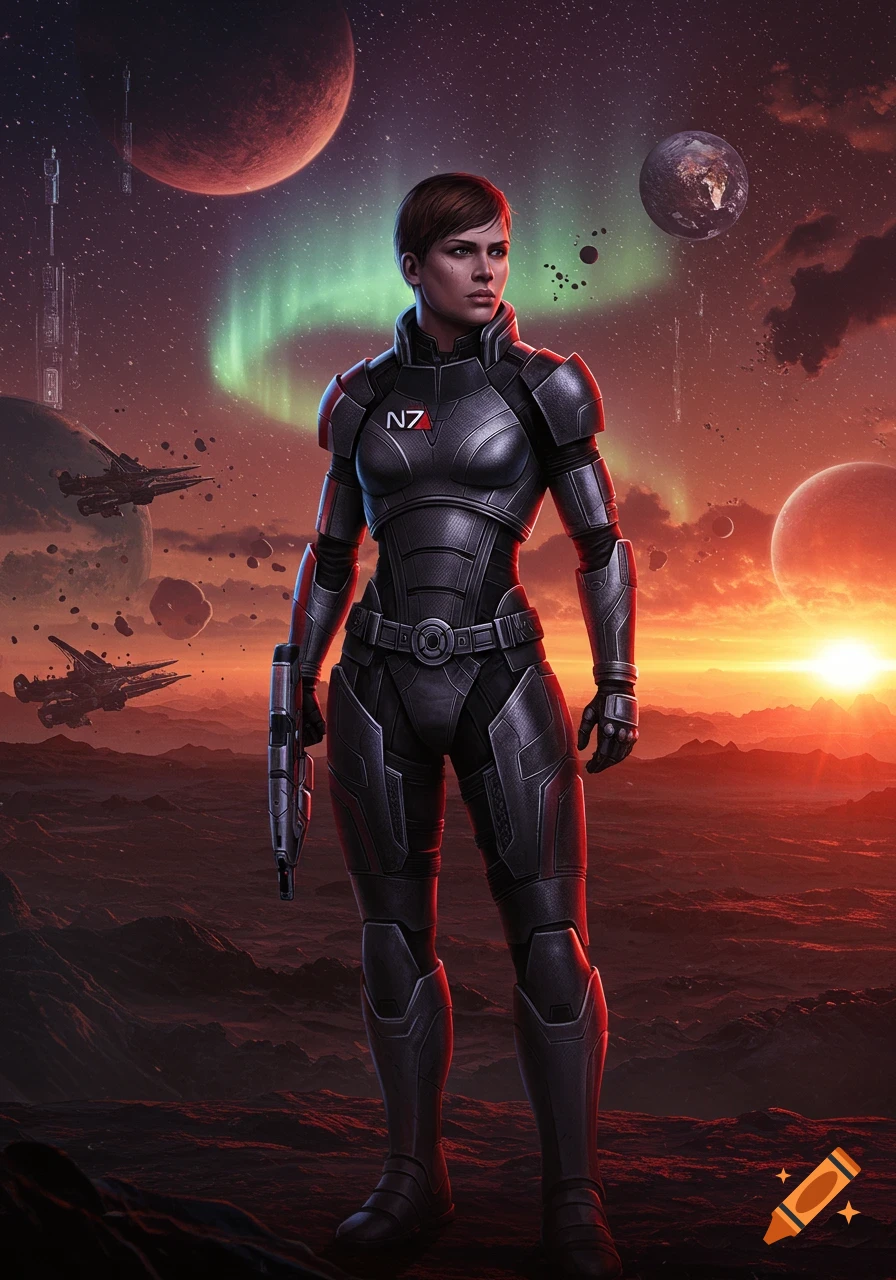 A male spacer with an augmented left eye in a brown uniform in a ...