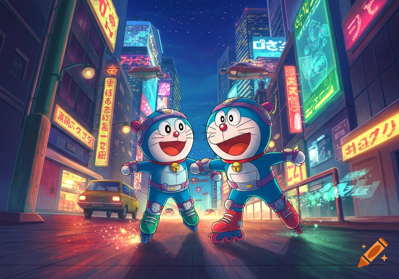Two Doraemon characters roller skating on a vibrant, neon-lit city ...
