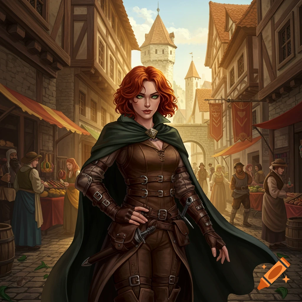 A blonde woman in medieval attire walks through a bustling market scene ...