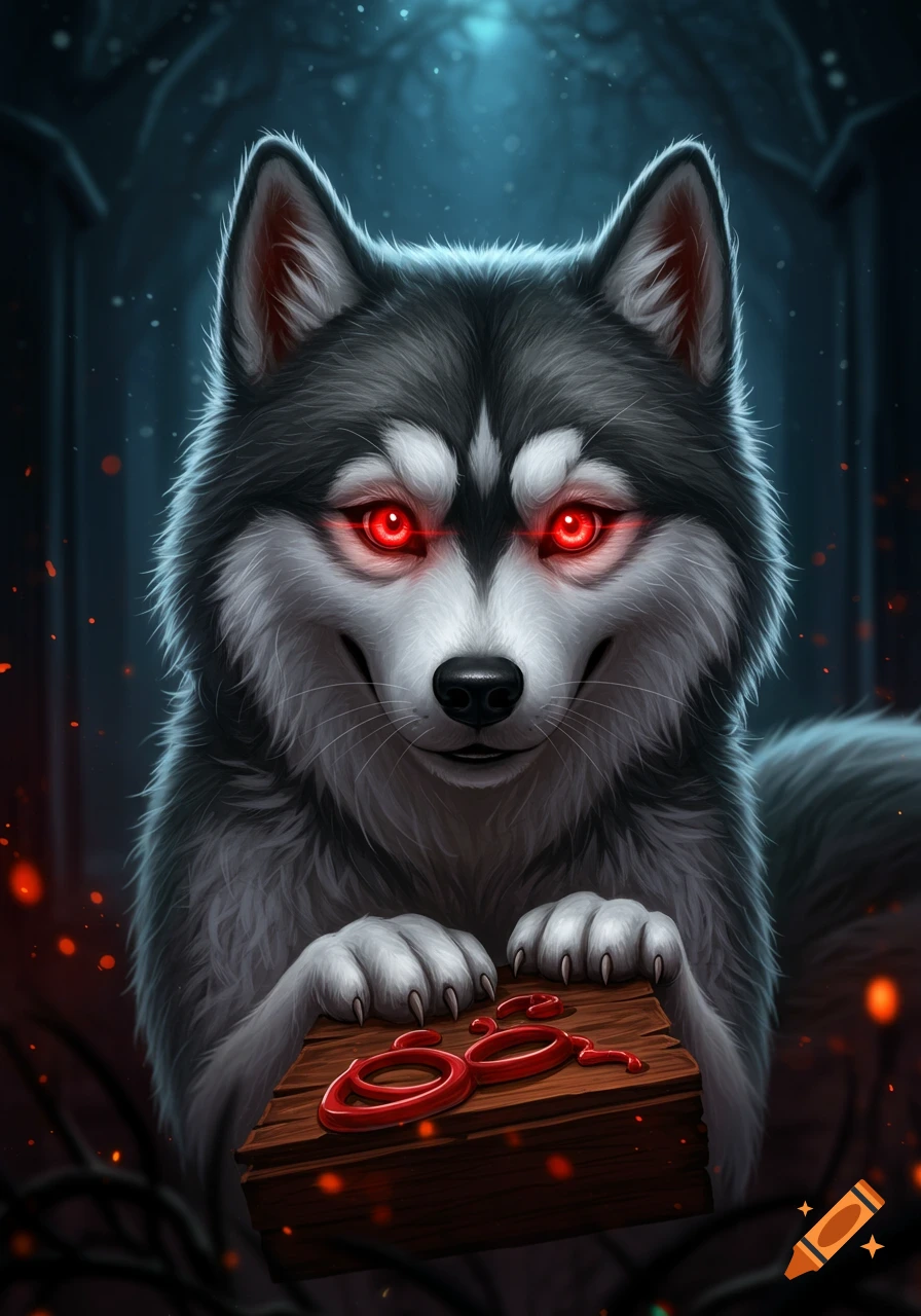 Two light and dark wolves with glowing magical energy face each other ...