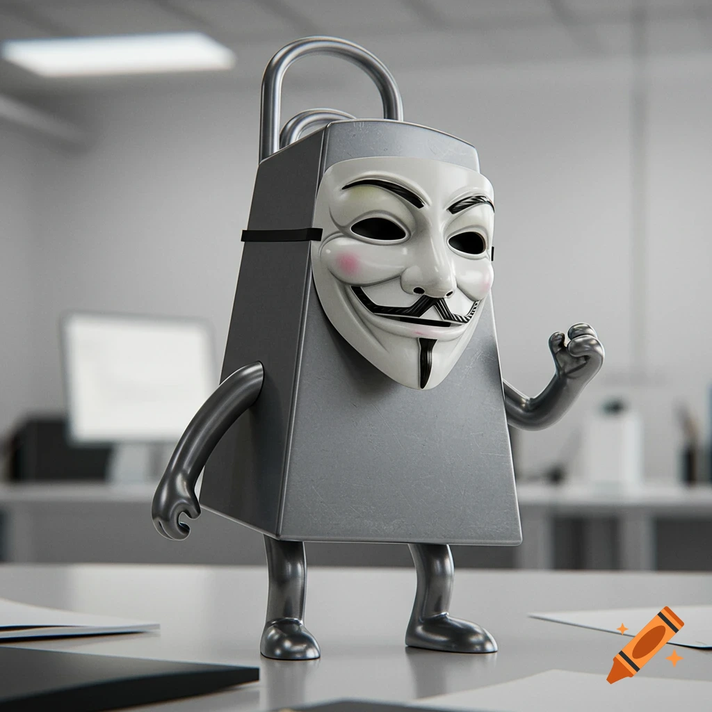 A 3D rendering of a grey padlock character with arms and legs, wearing ...
