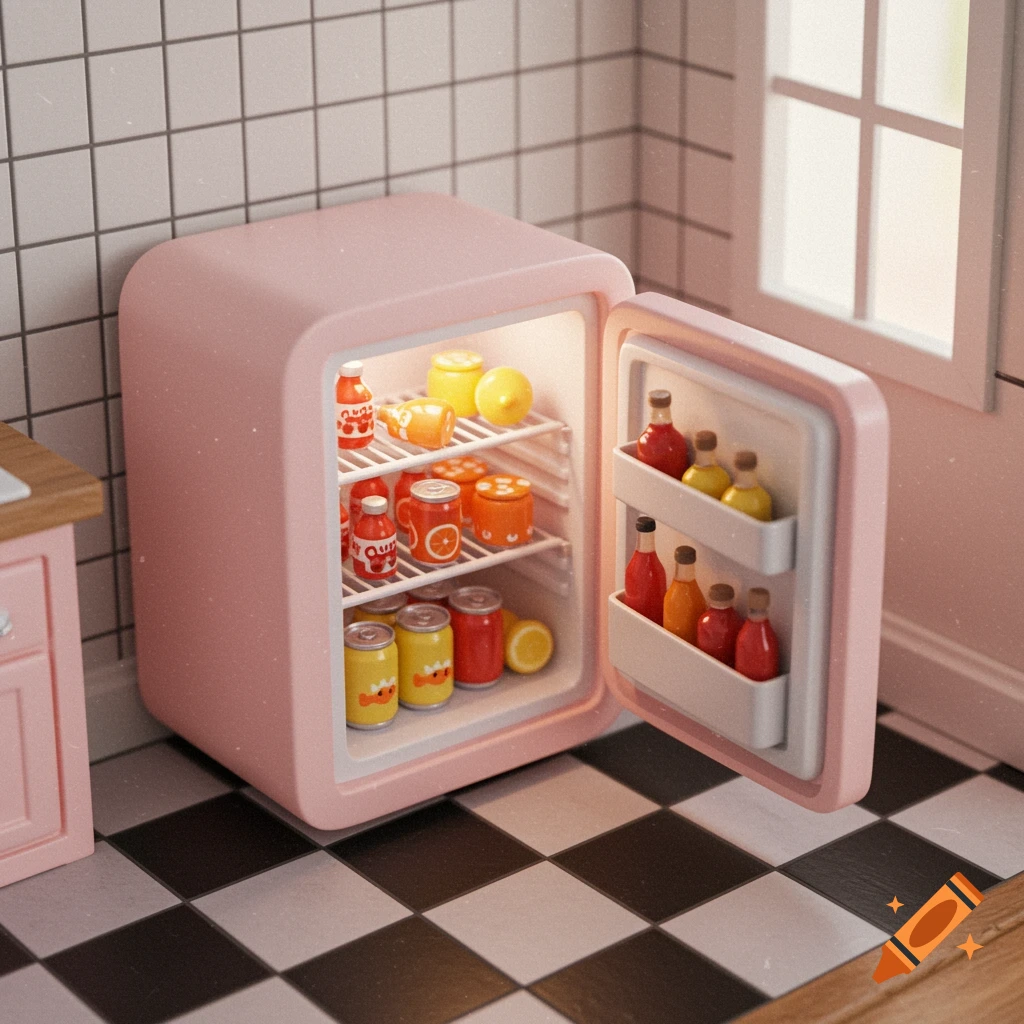 A pink mini fridge filled with colorful bottles and cans sits on a ...
