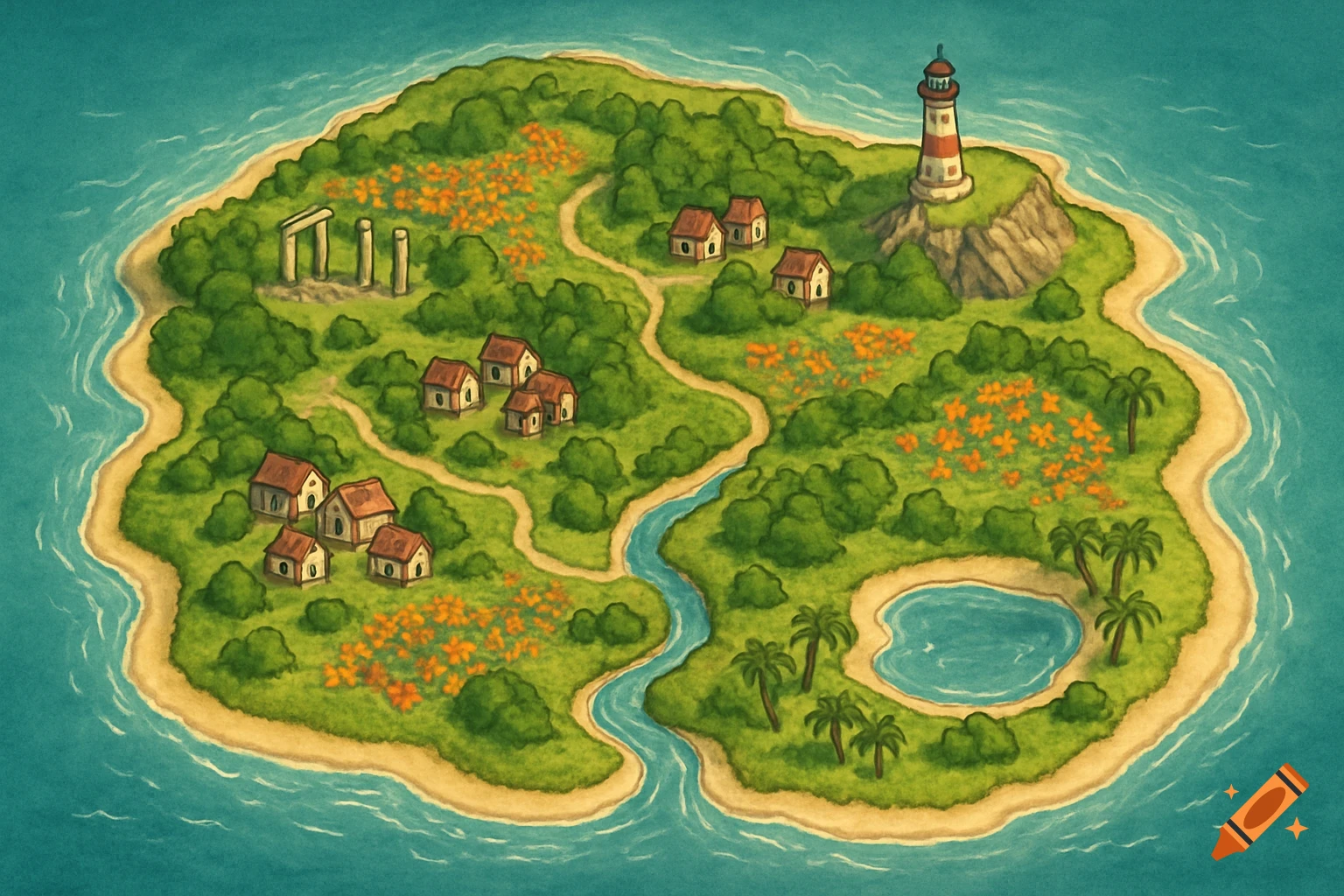 Illustrated map of the island from Lord of the Flies on Craiyon