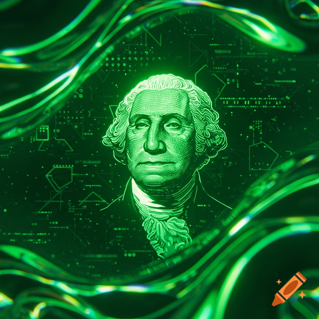 A glowing green, stylized portrait of George Washington against an ...
