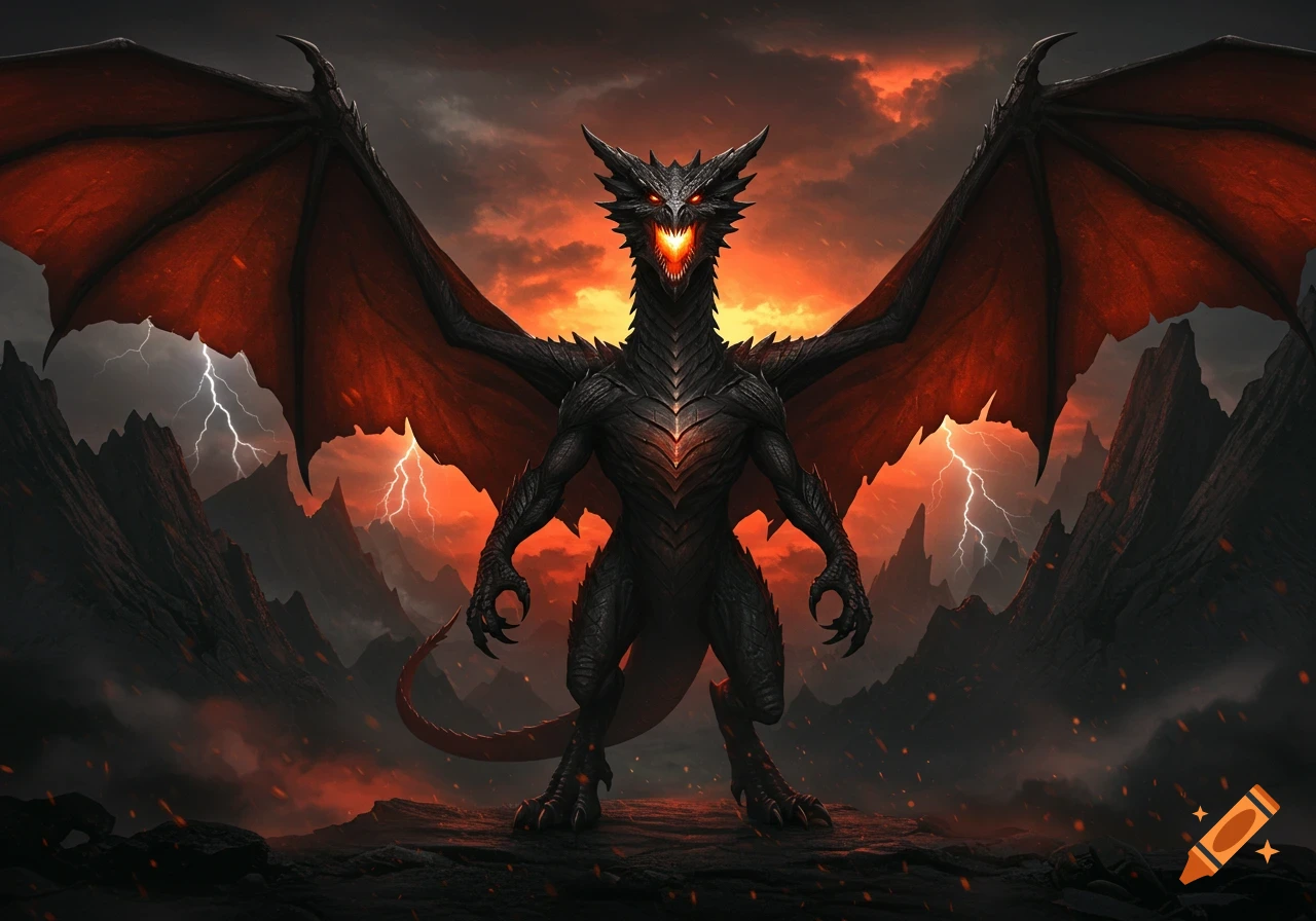 A formidable black and red demon lizard hawk creature with glowing ...
