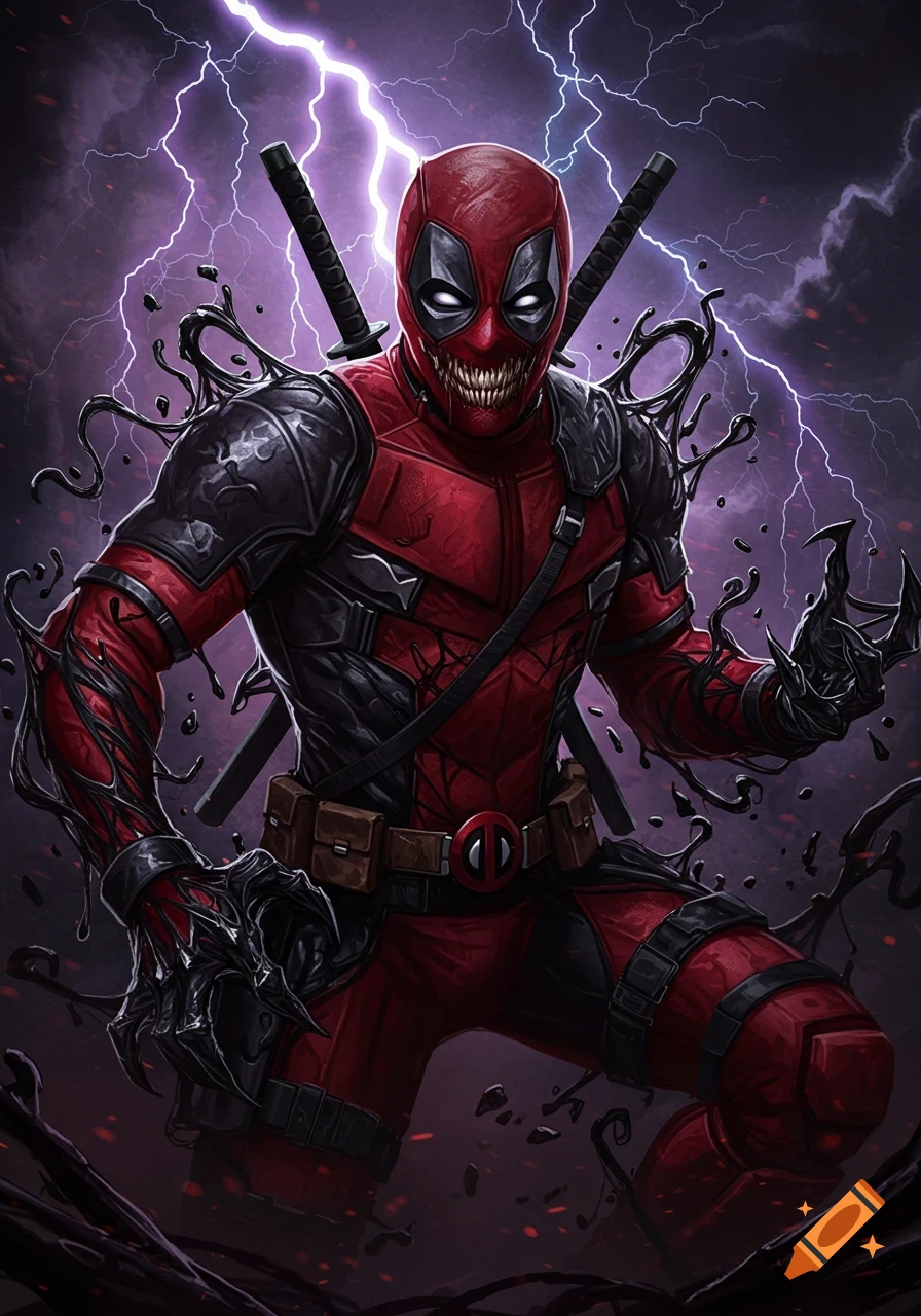 Menacing supervillain in red and black suit with Omega symbol, red eyes ...