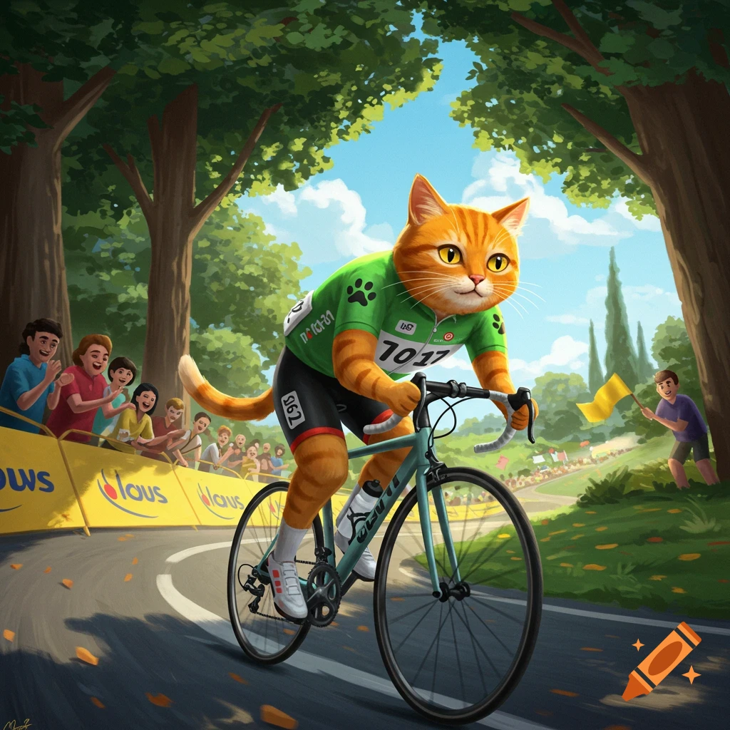 An orange tabby cat in a green cycling jersey rides a bicycle during a ...