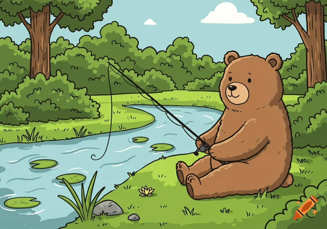 A cute brown cartoon bear sits on the grassy bank of a river, fishing ...