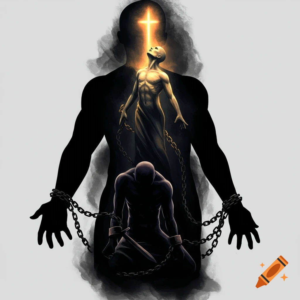 A symbolic illustration of a large dark male silhouette, containing a ...