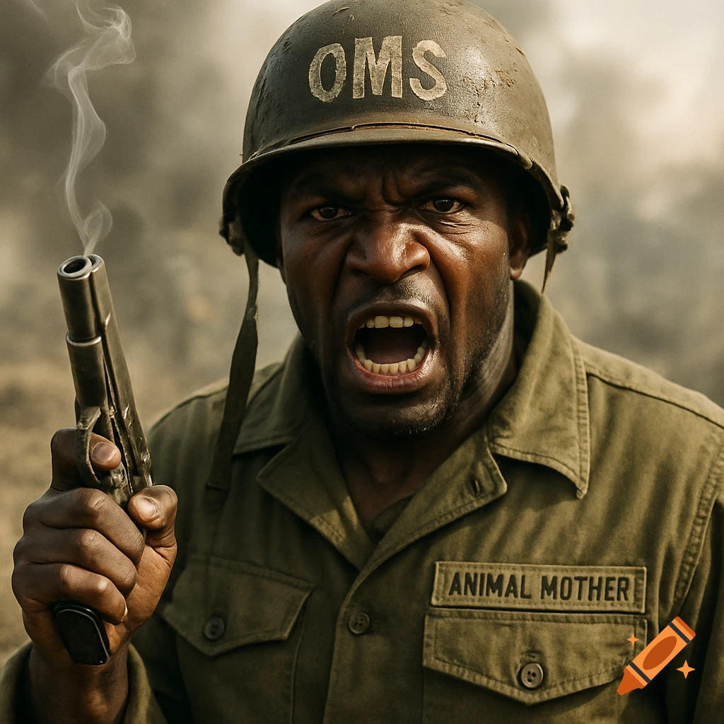 A photorealistic portrait of an angry African American WW2 soldier ...
