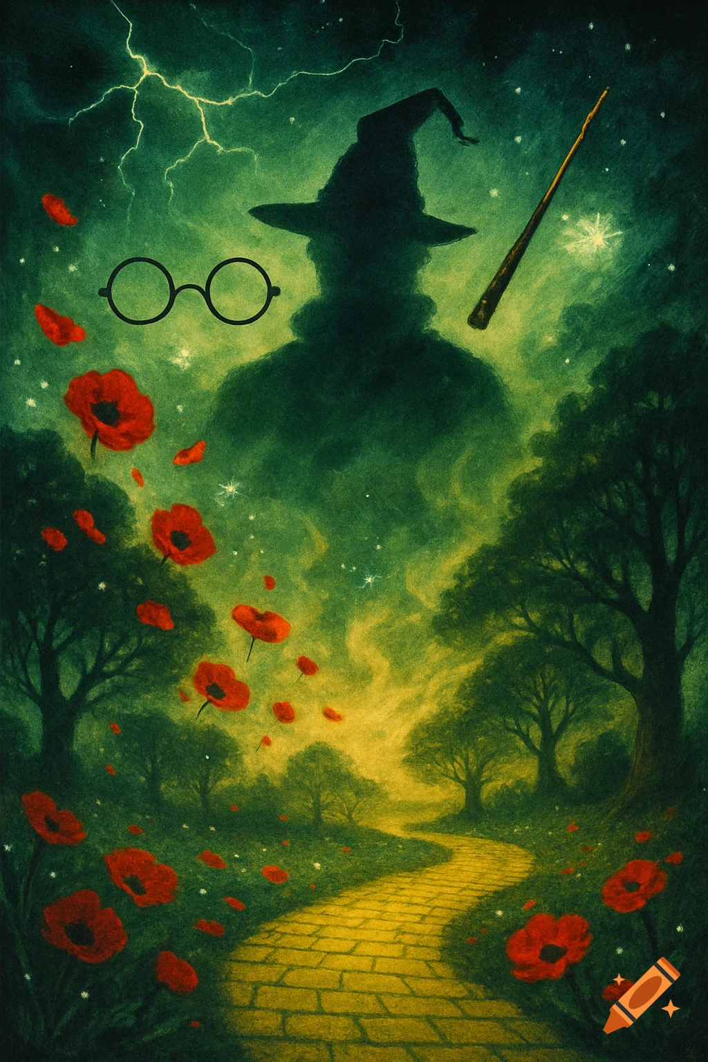 Painterly illustration of a lush green forest with a tree, a nest with ...