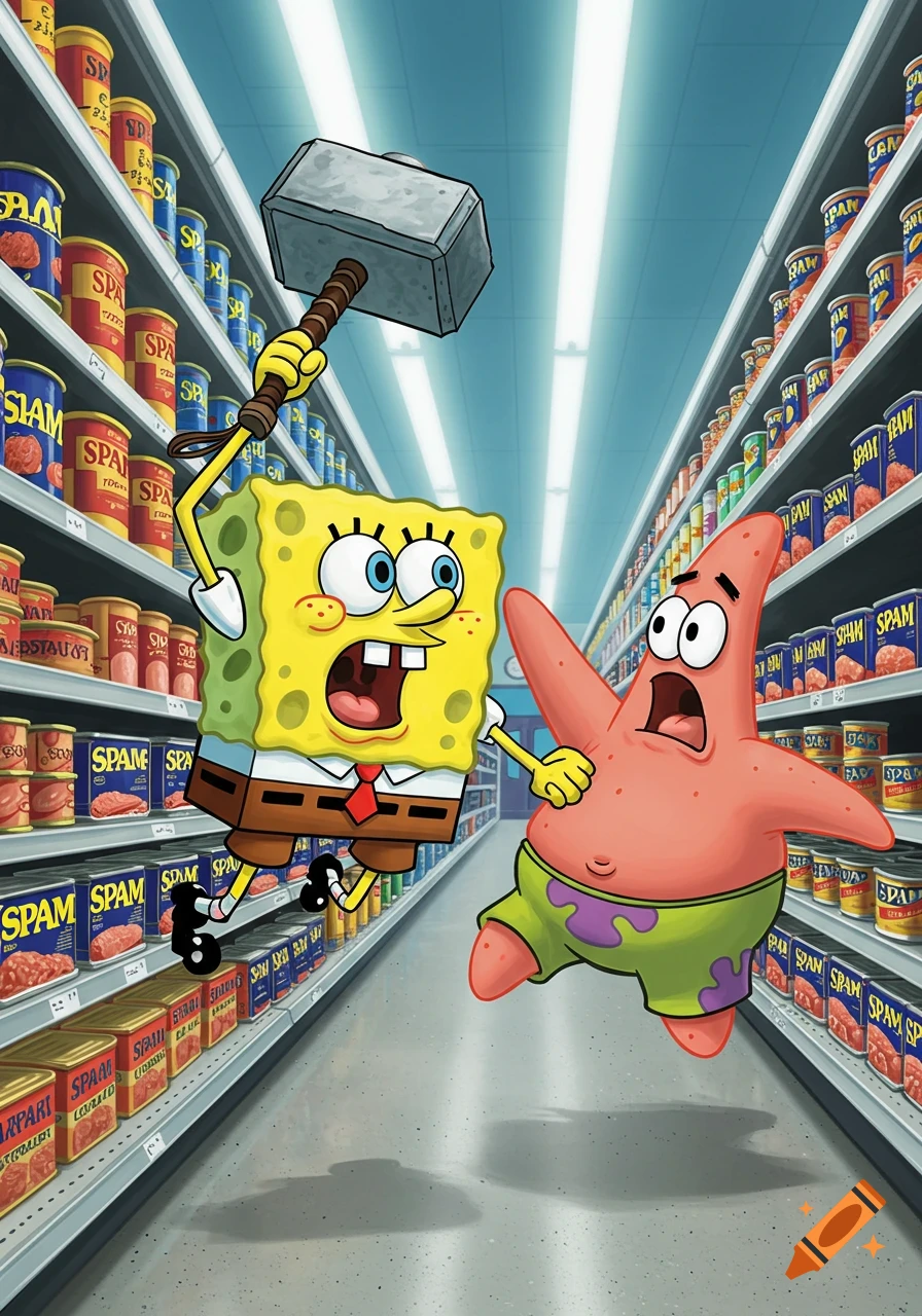 Spongebob SquarePants, holding a Mjolnir hammer made of SPAM cans ...
